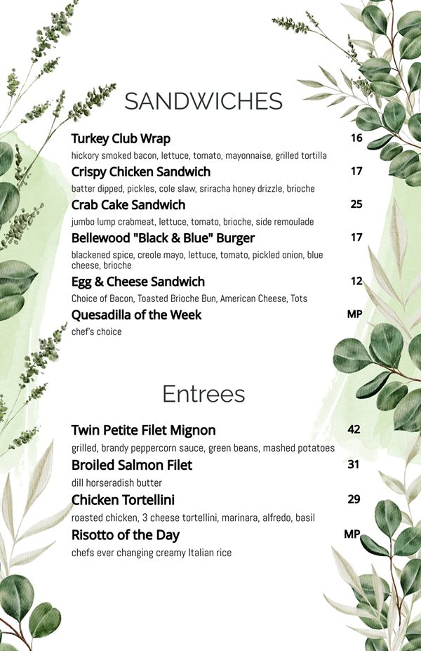 Clubhouse Menu - Bellewood Country Club - Pottstown, PA